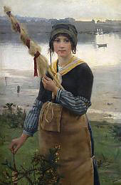 Fisher Girl with Spindle by Alfred Guillou | Oil Painting Reproduction