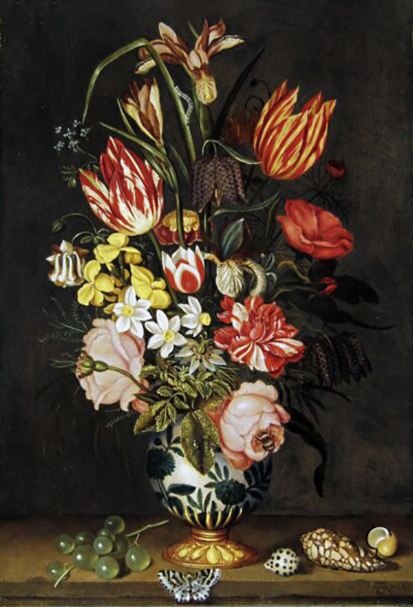 Bouquet in Wan Li Vase with Shells, Grapes and Butterfly | Oil Painting ...