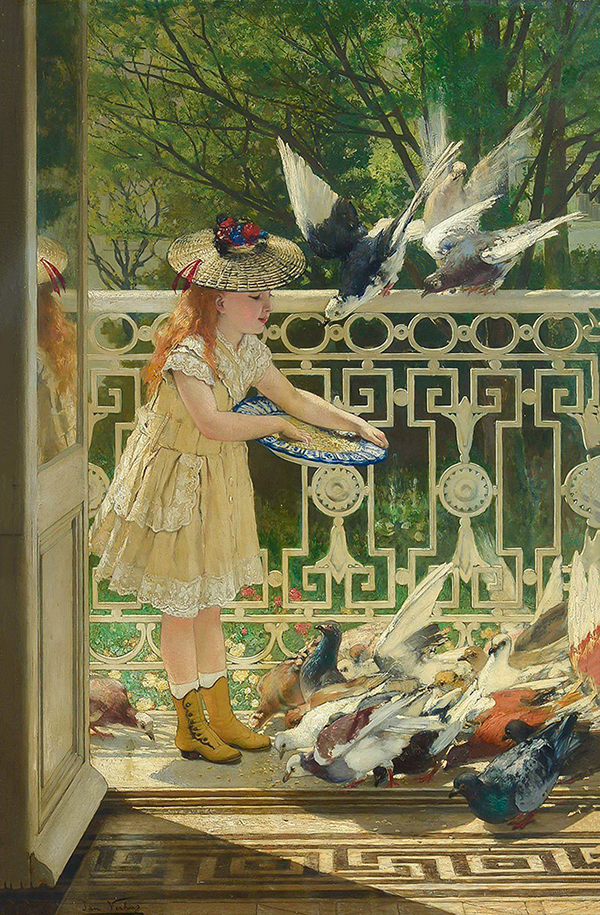 Little Girl Feeding Pigeons on a Sunny Balcony | Oil Painting Reproduction
