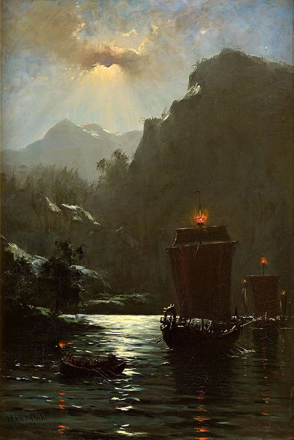 Fjord at Full Moon with Viking Ships | Oil Painting Reproduction