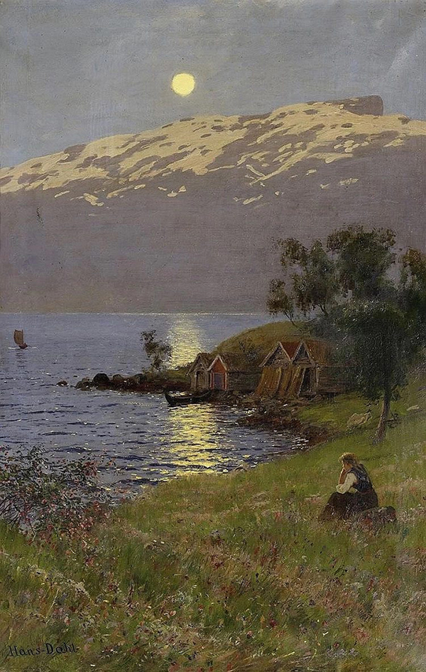Midnight Sun Over the Fjord by Hans Dahl | Oil Painting Reproduction